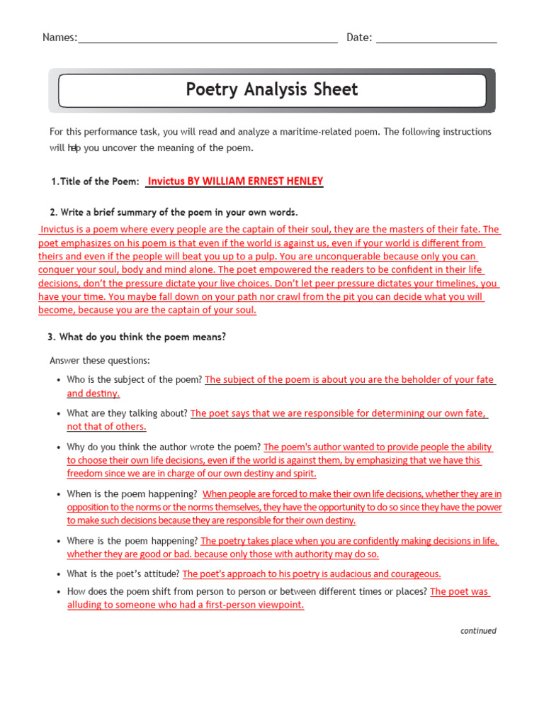 Poetry Analysis-Invictus | PDF | Poetry