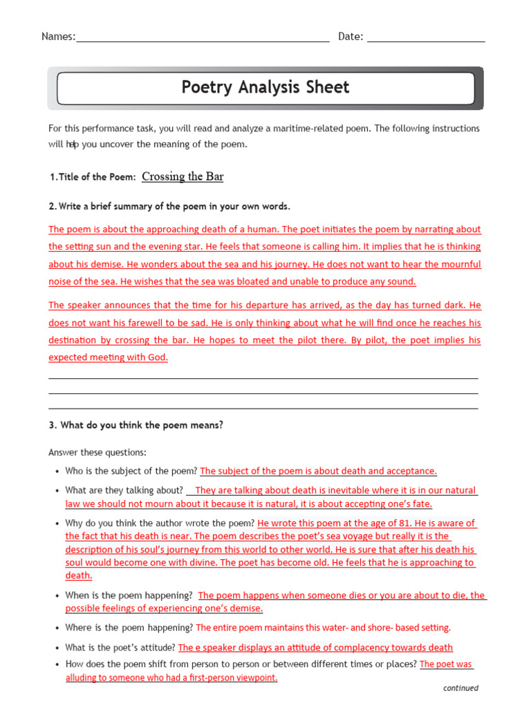 Poetry - Analysis Sheet Crossing The Bar and O Captain My Captain Final ...