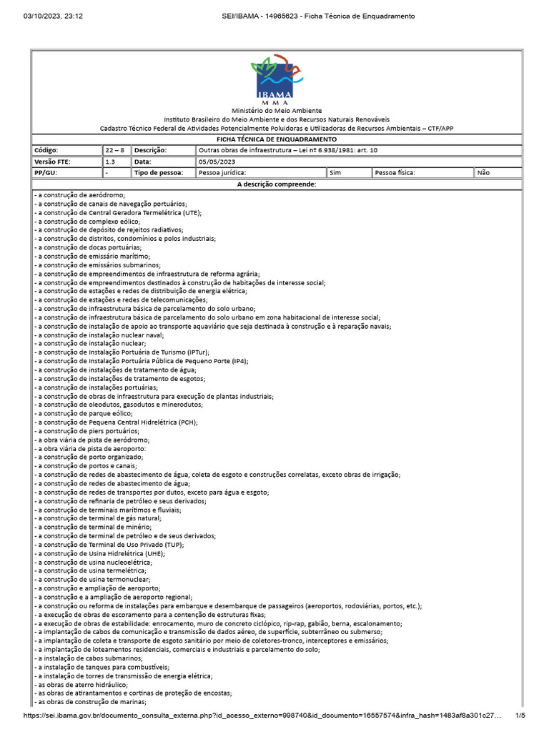 SEI - IBAMA - 14965623 - Ficha Técnica de Enquadramento | PDF