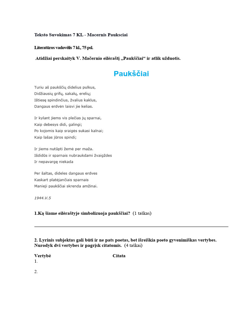 Teksto Suvokimas 7 KL - Macernis Pauksciai | PDF