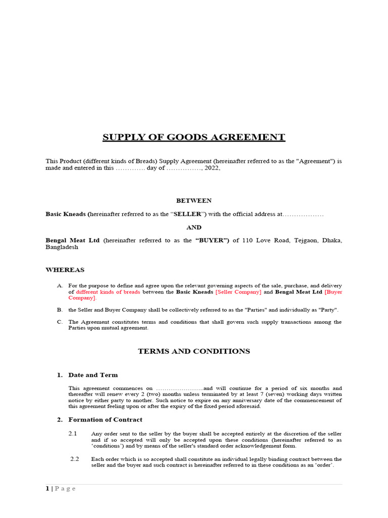 Supply of Goods Agreement | PDF