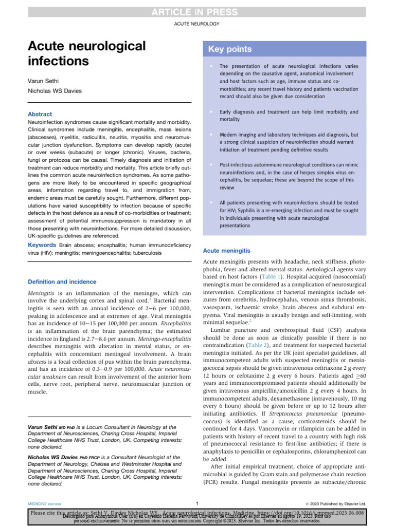 Acute Neurological Infections | PDF | Meningitis | Infection