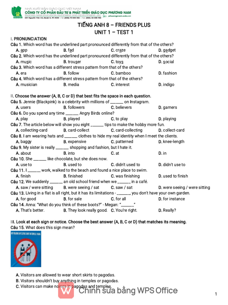 Tieng Anh 8 Friends Plus - Unit 1 - Test 1 | PDF