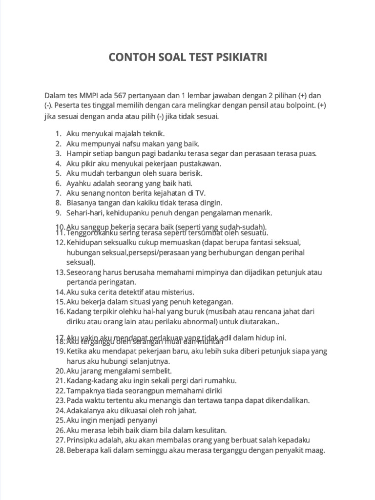 PDF Contoh Soal Test Psikiatri - Compress | PDF