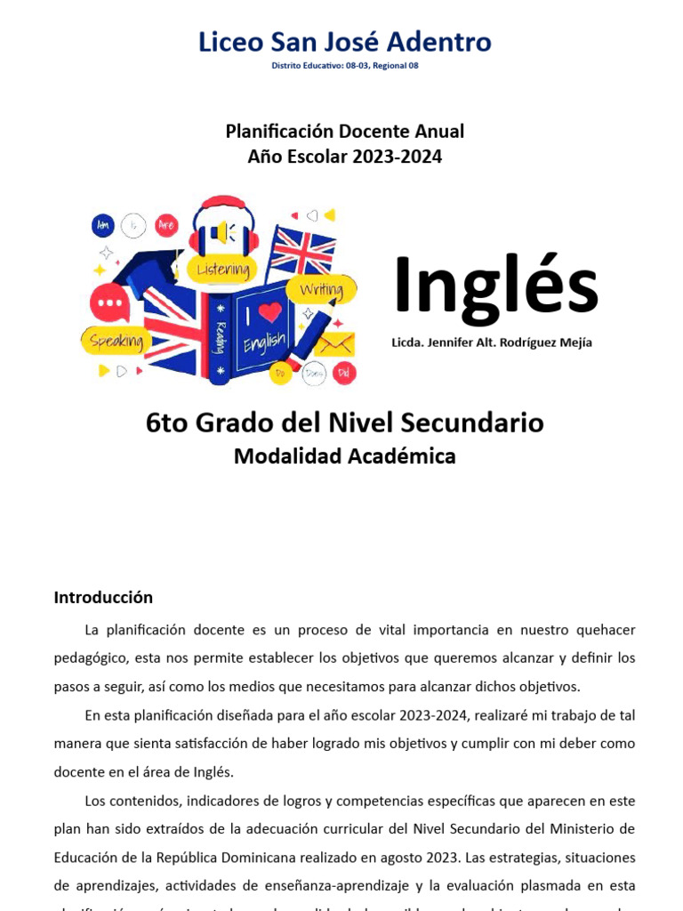 Planificación Anual Inglés 6to Secundaria | PDF | Evaluación | Aprendizaje