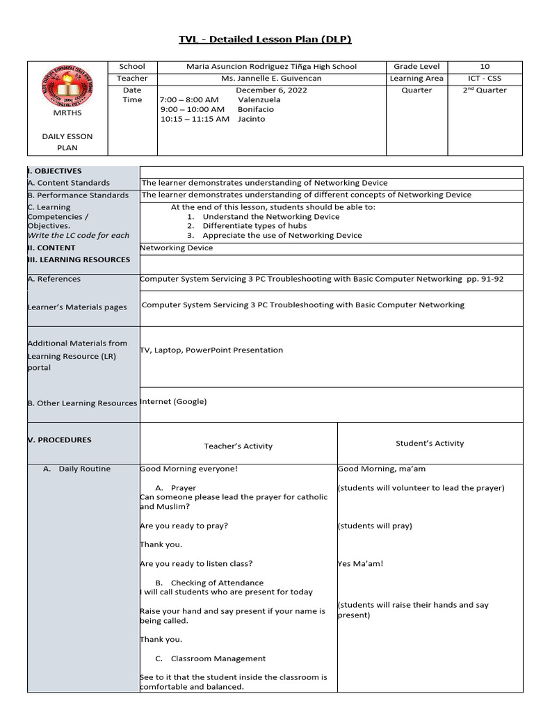 TVL - Detailed Lesson Plan (DLP) : I. Objectives | PDF | Computer ...