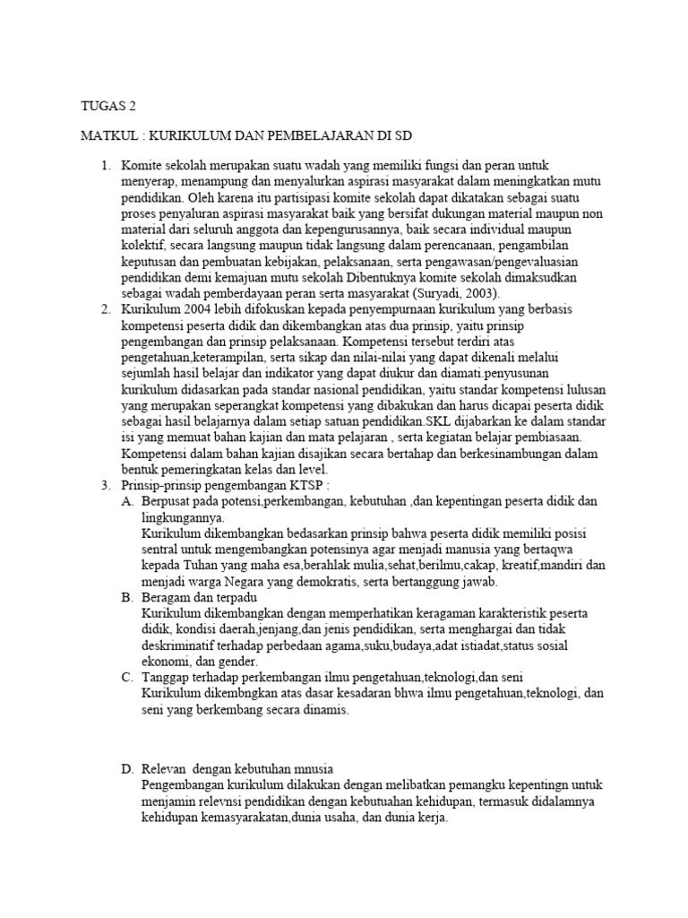TUGAS 2 Pengembangan Kurikulum Dan Pembelajaran Di SD | PDF