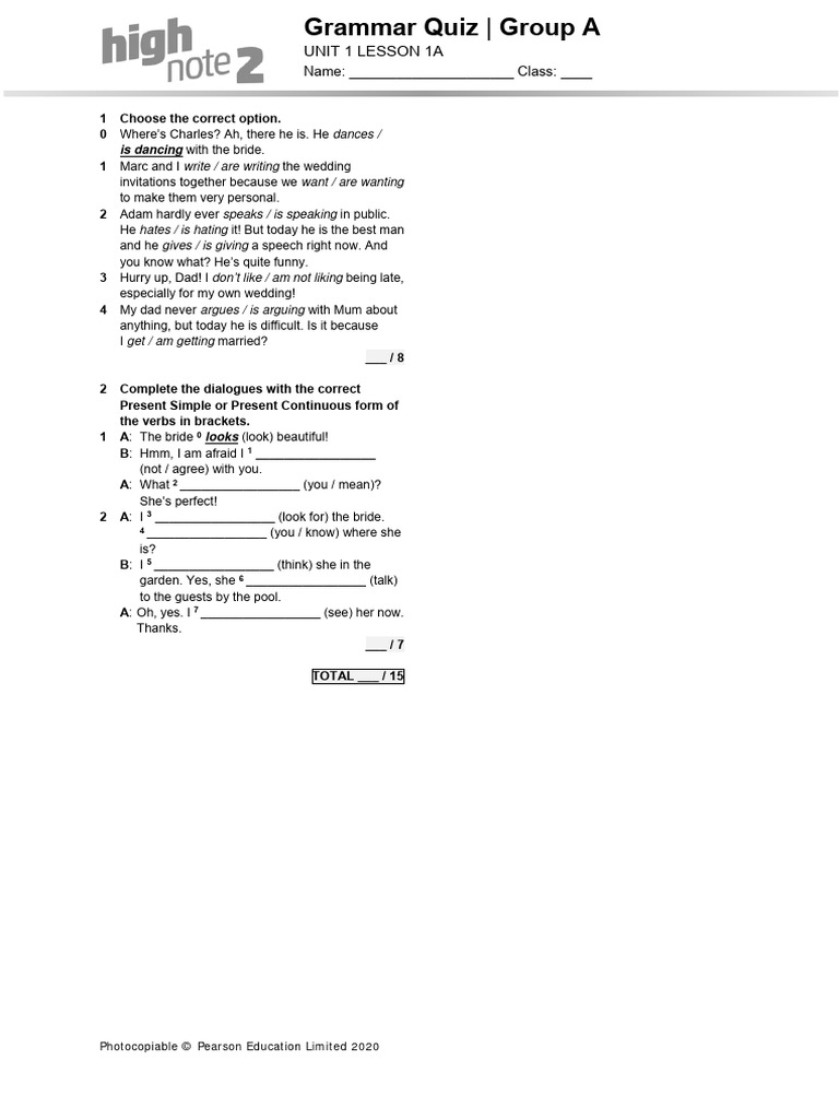 HighNote2 Grammar Quiz Unit01A GroupA | PDF