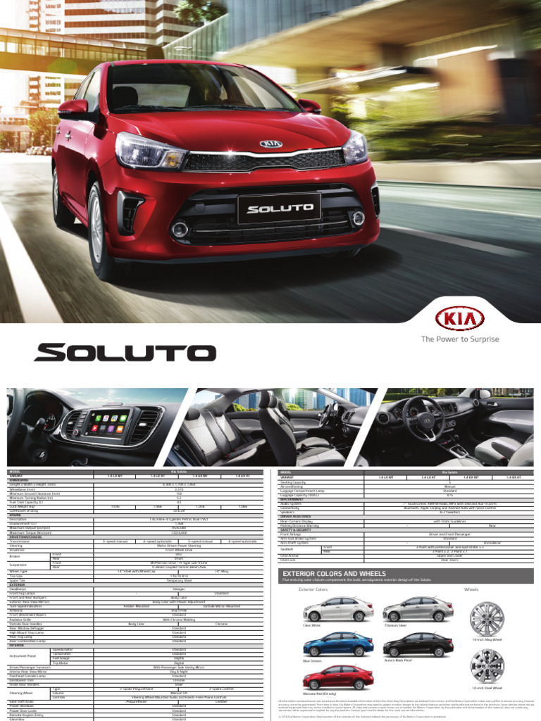 Kia Soluto Colors & Specs Guide | PDF | Automotive Technologies ...