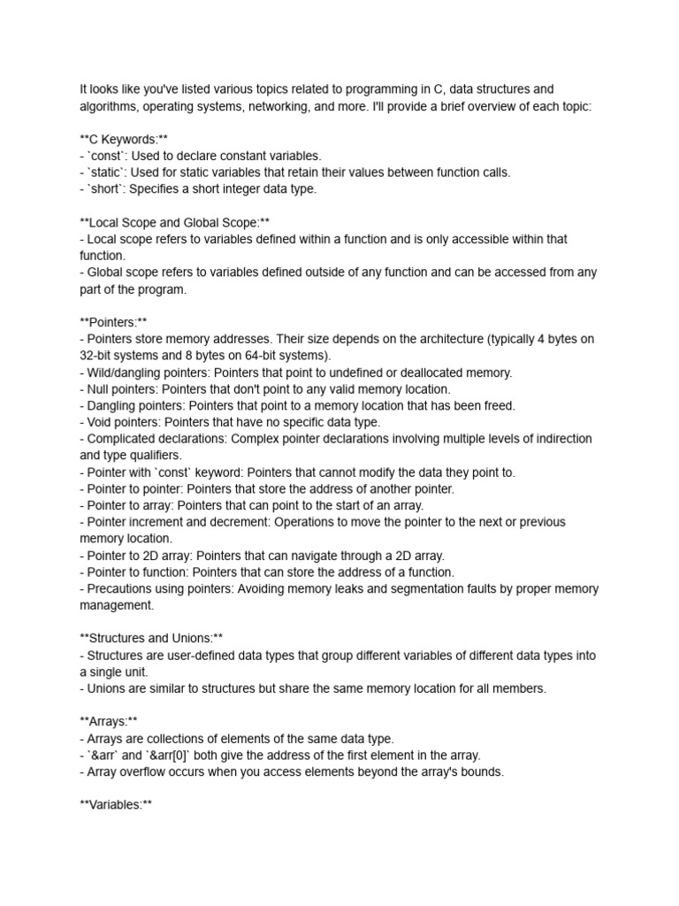 It Looks Like You'Ve Listed Various Topics Related To Programming in C ... It Looks Like You'Ve Listed Various Topics Related To Programming in C ...