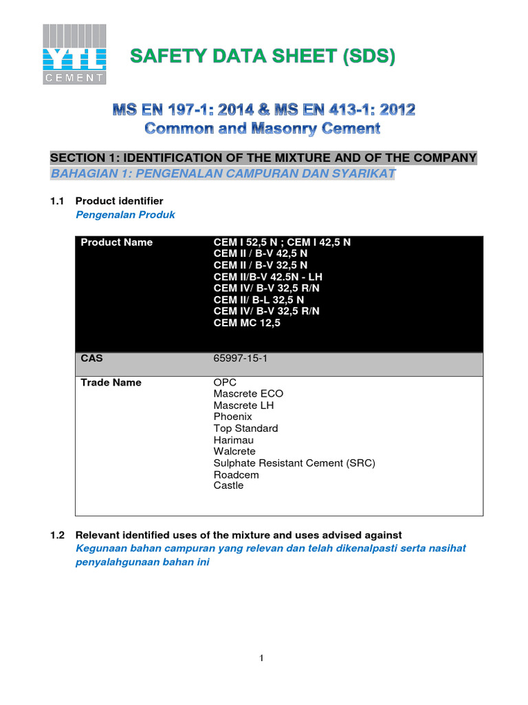Safety Data Sheet Common and Masonry Cement Ms en 197 and en 413 | PDF
