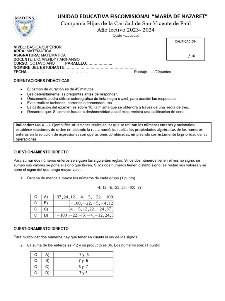 Prueba Noveno Diagnostica | PDF | Entero | Número racional
