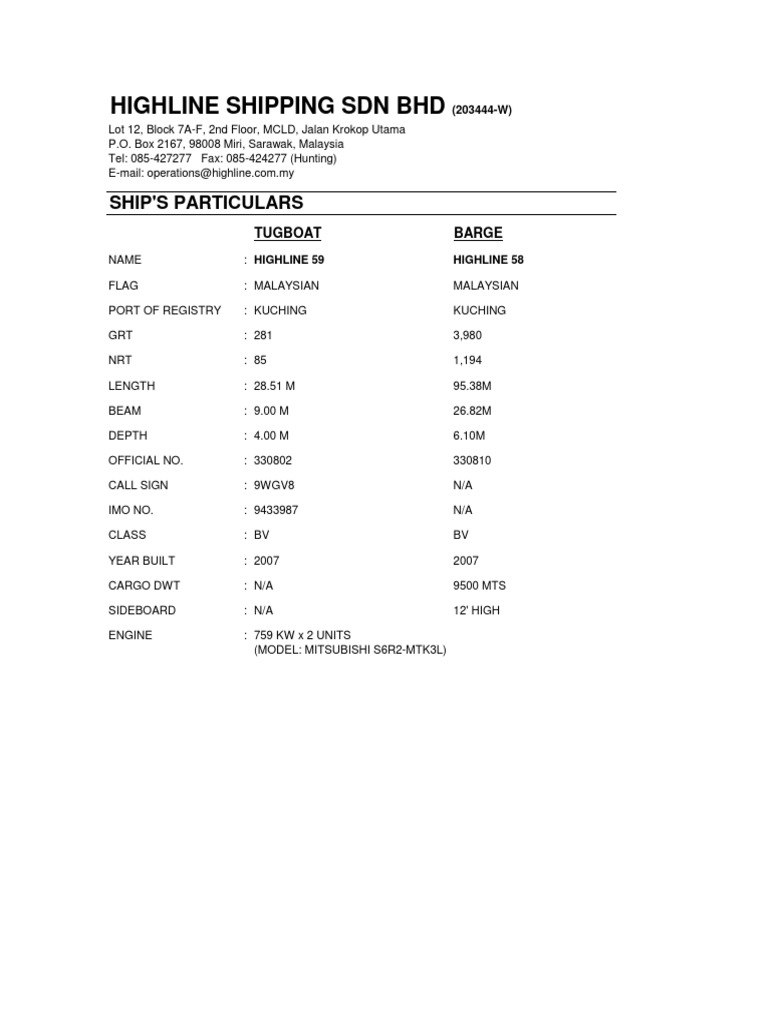 Highline Shipping SDN BHD: Ship'S Particulars | PDF | Technology & Engineering