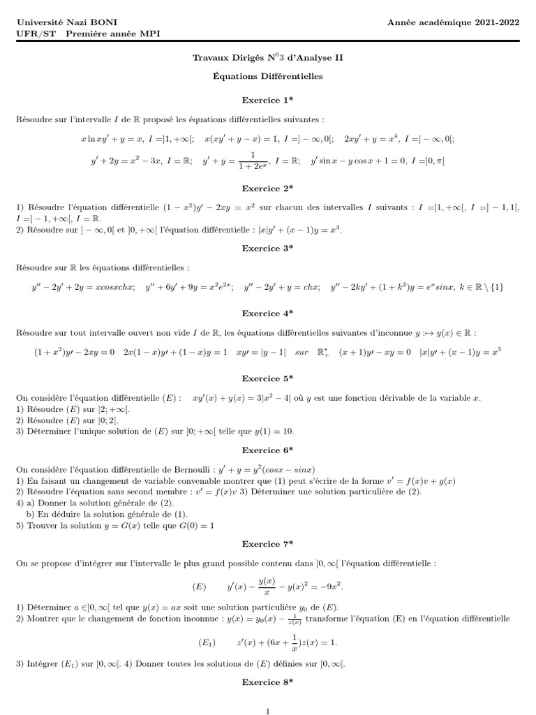 TD D'analyse Equation Diff | PDF | Mathématiques appliqués | Physique mathématique
