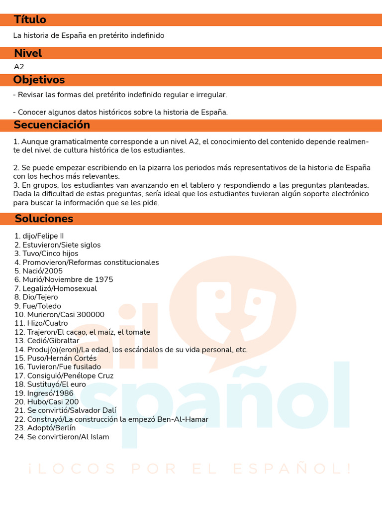 Secuenciacion Ejercicio Espanol Preterito Indefinido Historia Espana ...