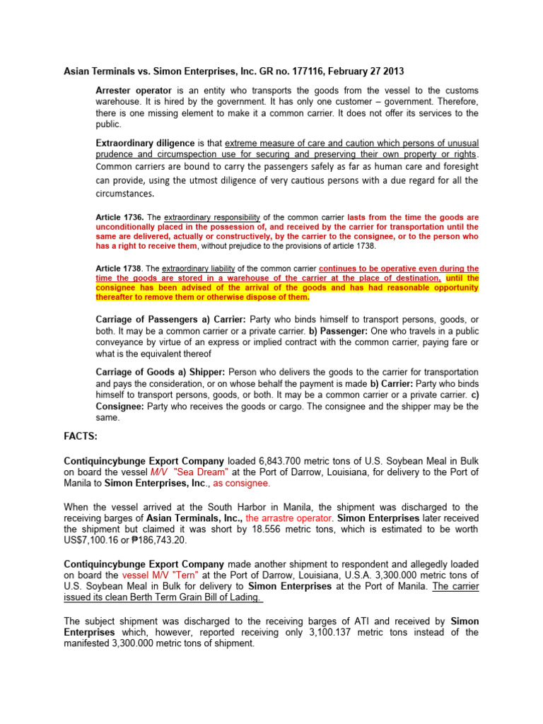 Asian Terminals Vs Simon Enterprises | PDF | Cargo | Bill Of Lading