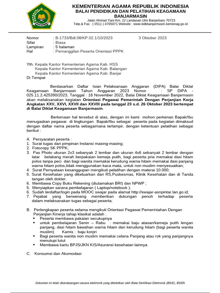 Surat Pemanggilan Orientasi PPPK Tahap 7 (Angkatan 25,26,27 Dan 28) Tanggal 23 - 26 Oktober 2023 ...