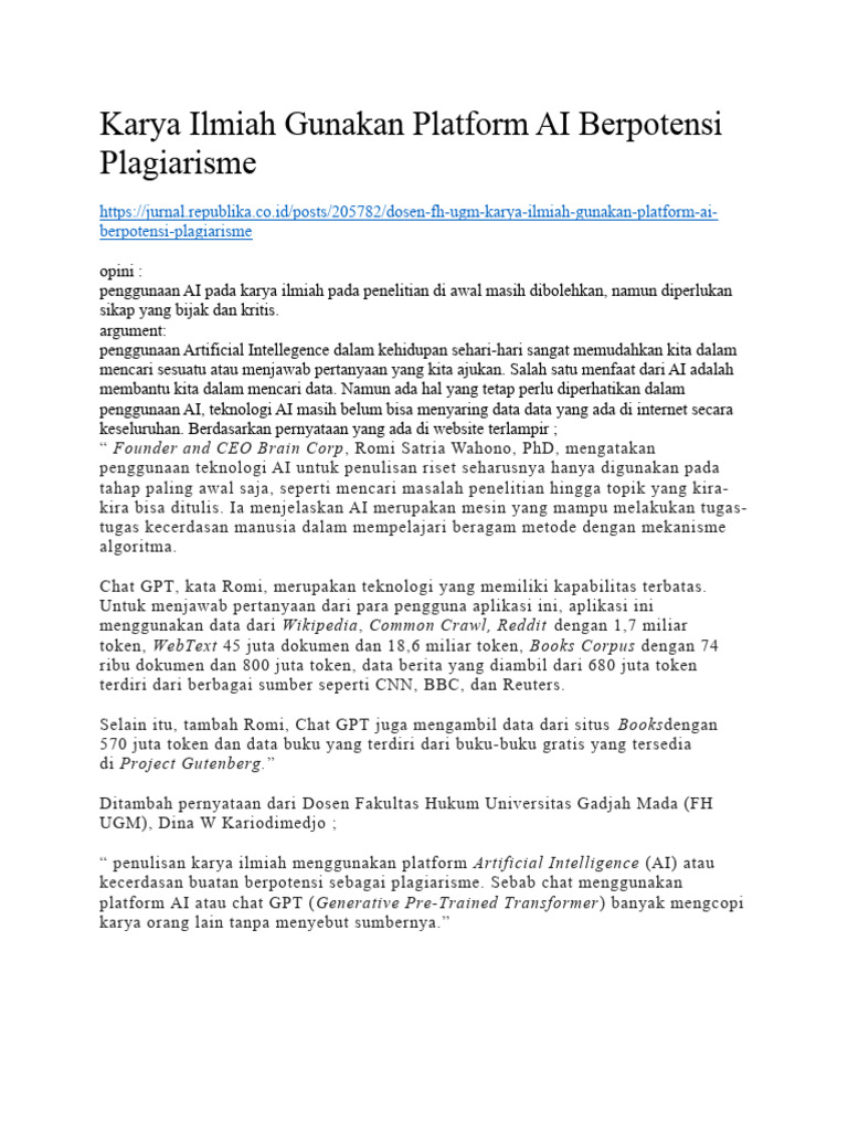 Karya Ilmiah Gunakan Platform AI Berpotensi Plagiarisme | PDF
