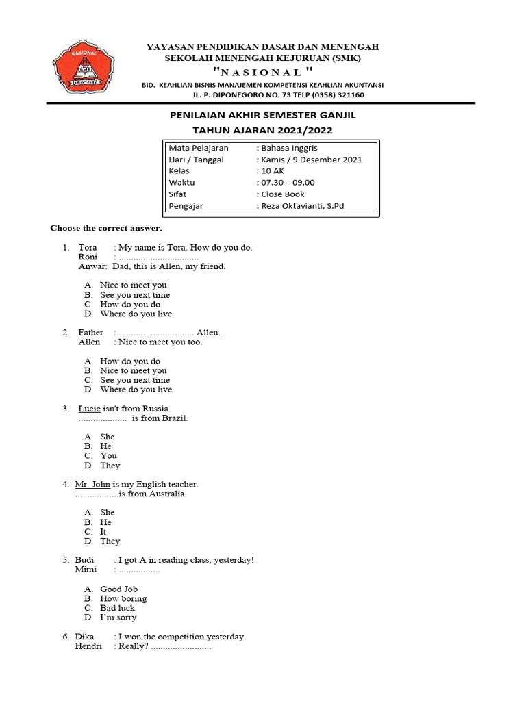 Pas Kelas 10 Semester 1 - 2021 | PDF | Language Arts & Discipline ...