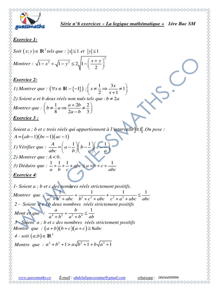 Série N°6 Exercices La Logique Mathématique 1ére Bac SM | PDF