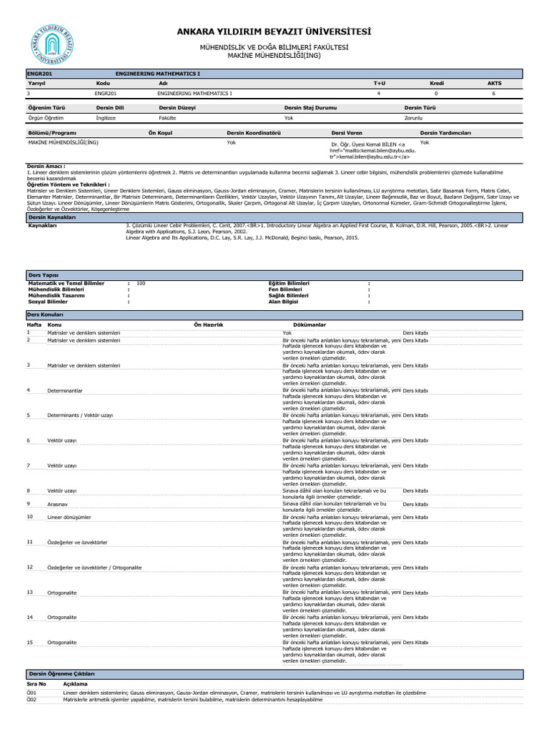 ENGR 201 Ders Bilgi Formu (MÜDEK) | PDF