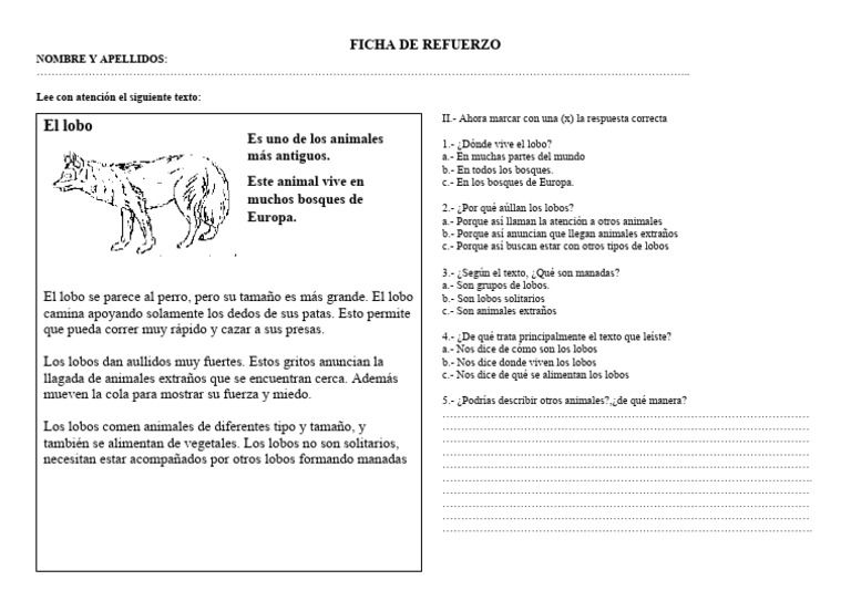 Ficha de Comprensión sobre Lobos | PDF