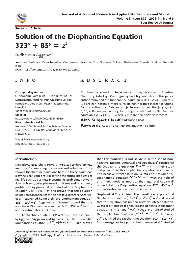 Solution of The Diophantine Equation 323 + 85 : Sudhanshu Aggarwal ...