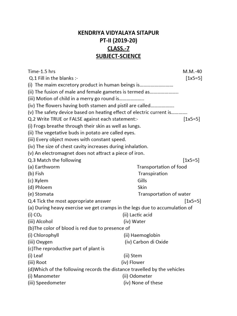Class 7 Science Exam Paper 2019-20 | PDF | Morphology (Biology ...