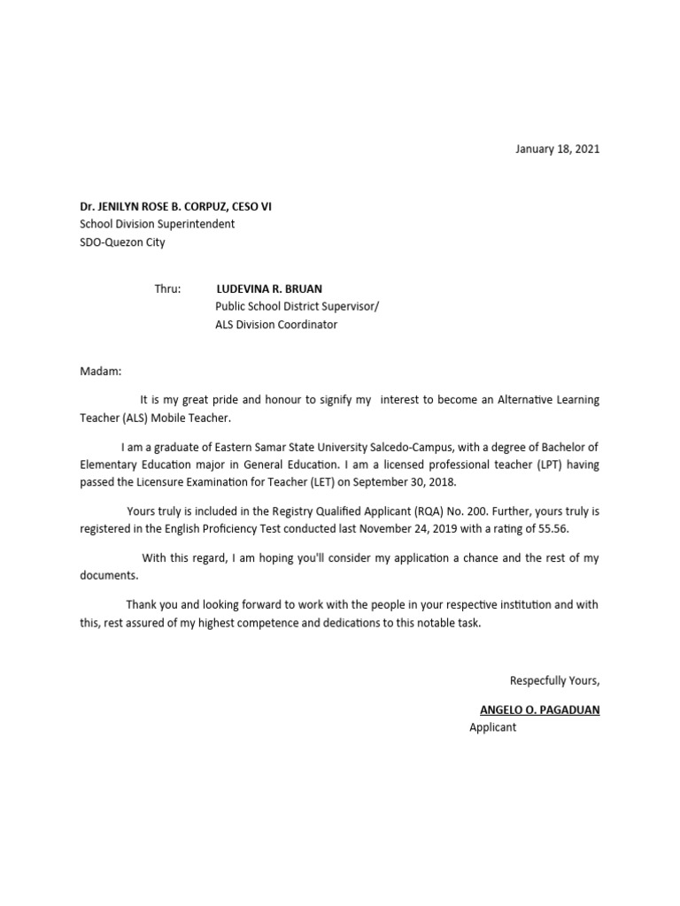 Application for ALS Teacher Position | PDF | Wellness