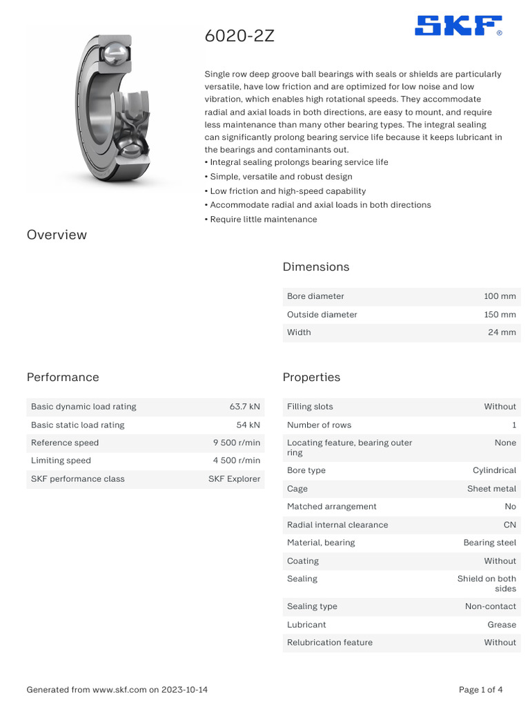 SKF 6020-2Z Specification | PDF | Bearing (Mechanical)