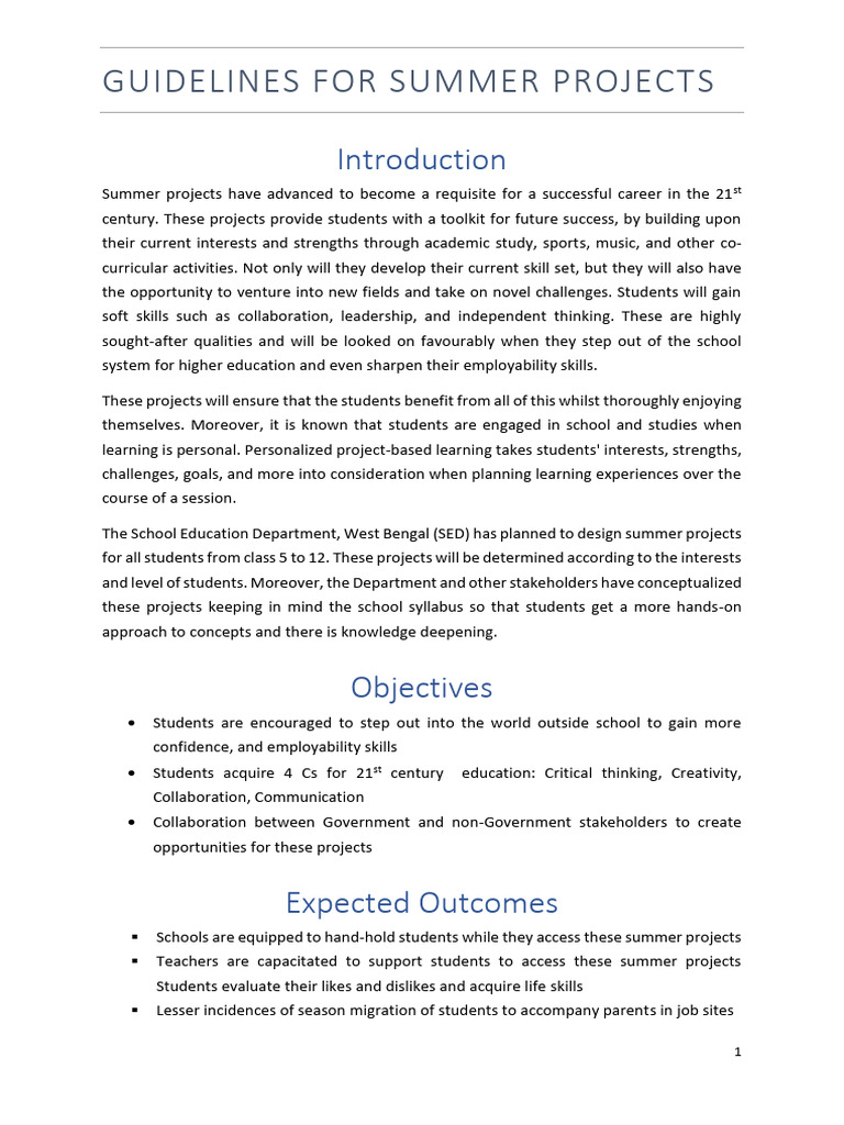 Guidelines For Summer Project - Classes 5-12 - 2023 | Download Free PDF ...