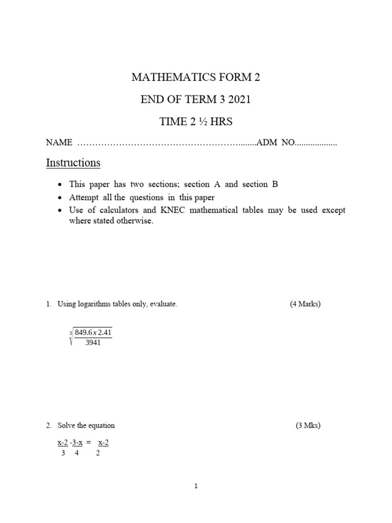 Math Qns f2 Term 3 Exam 2021 | PDF
