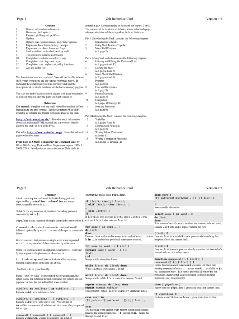ZSH Reference Card | PDF | Command Line Interface | Ascii