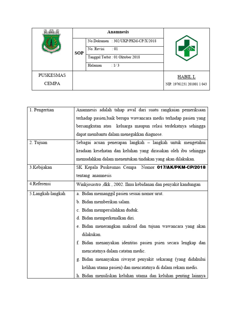 BIA SOP ANAMNESIS | PDF