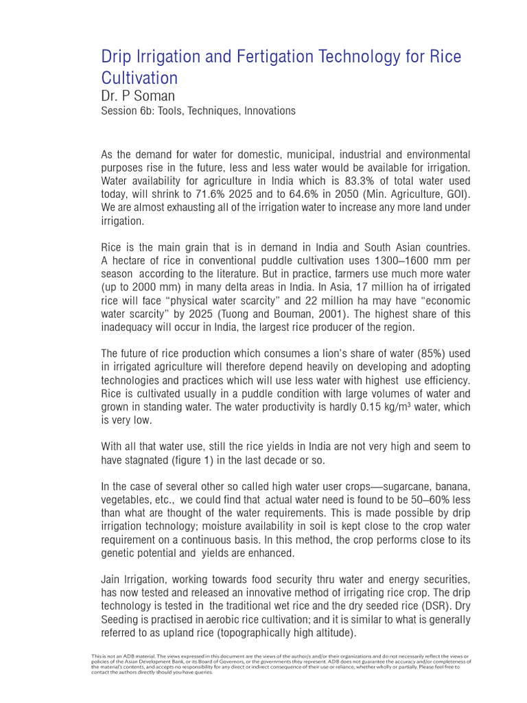 Drip Irrigation and Fertigation Technology Rice Cultivation | PDF