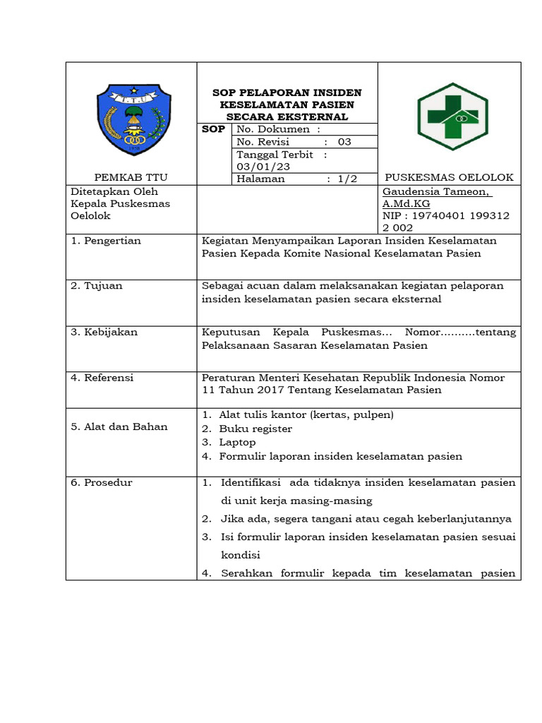 SOP Pelaporan Insiden Keselamatan Pasien Secara Eksternal | PDF