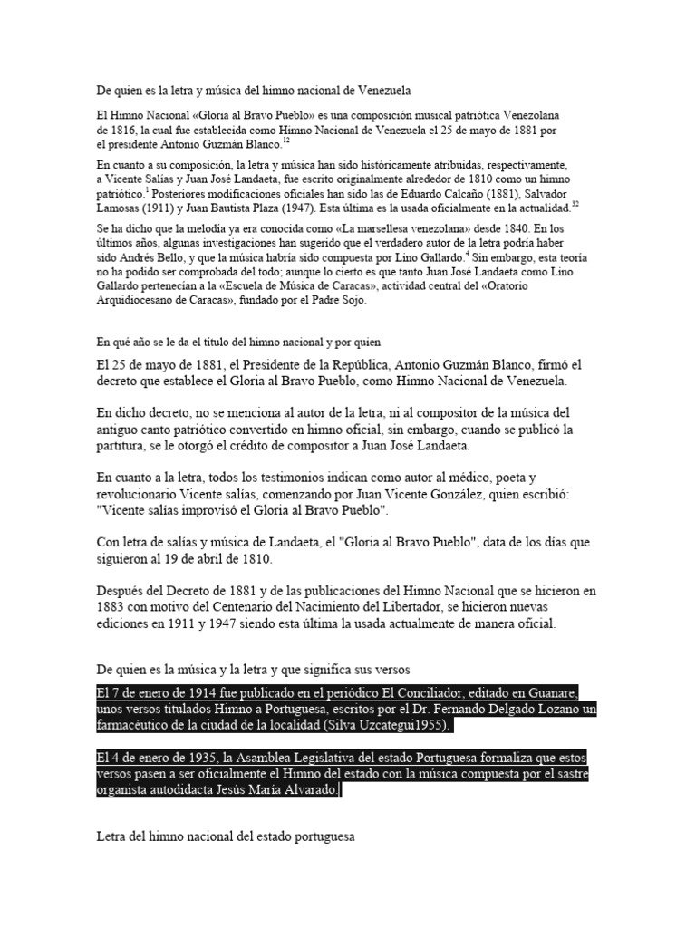 De Quien Es La Letra y Música Del Himno Nacional de Venezuela | PDF