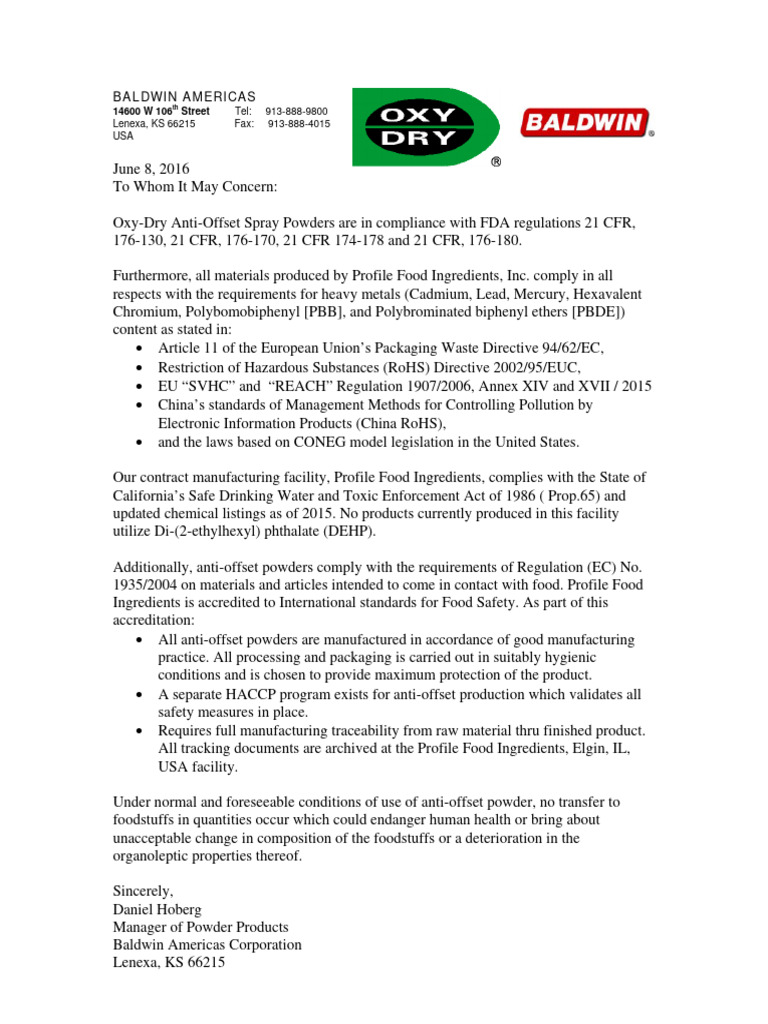 Oxy-Dry FDA Compliance Letter | PDF