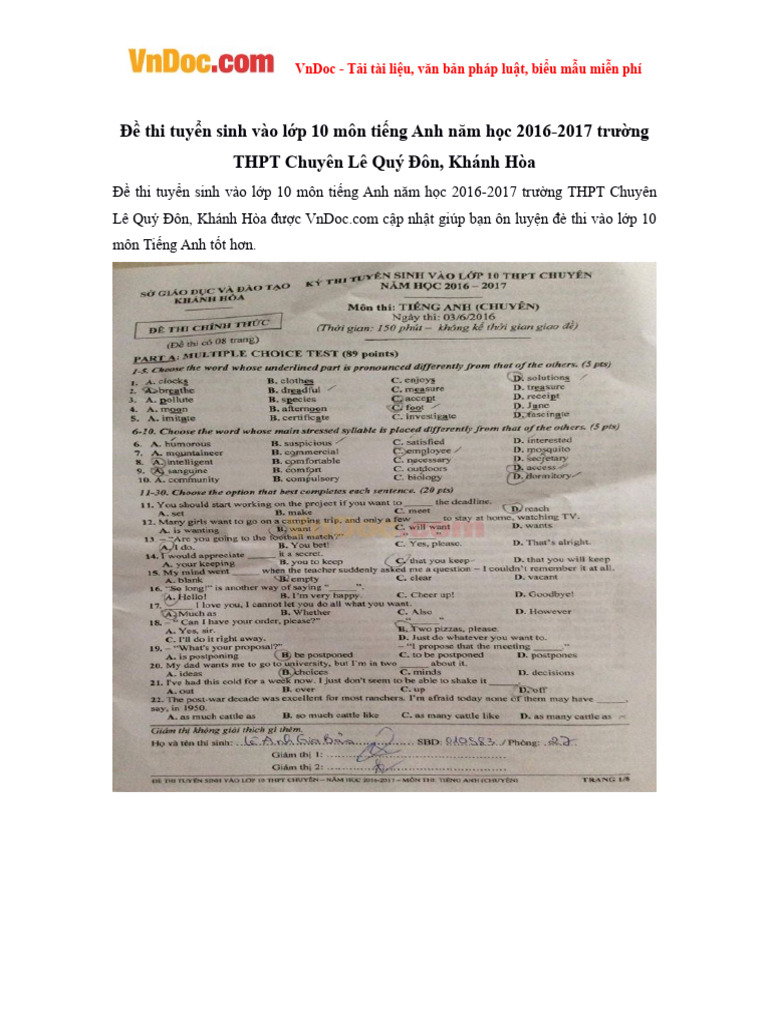 De Thi Tuyen Sinh Vao Lop 10 Mon Tieng Anh Nam Hoc 2016 2017 Truong THPT Chuyen Le Quy Don Khanh ...