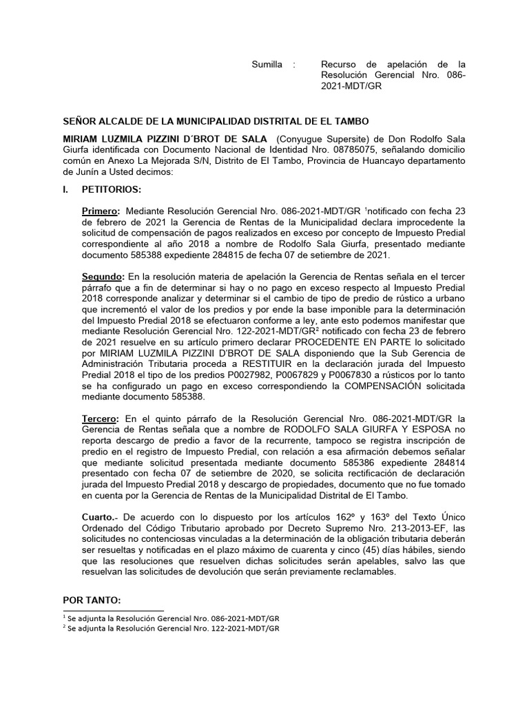 Escrito 5 - Recurso de Apelación Resolución Gerencial 086-2021-MDT-GR | PDF | Impuestos | Ley ...