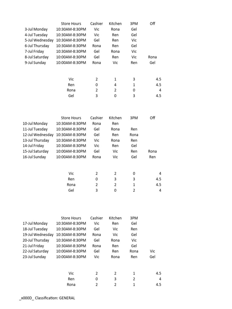 Mang Chaa Employee Schedule | PDF