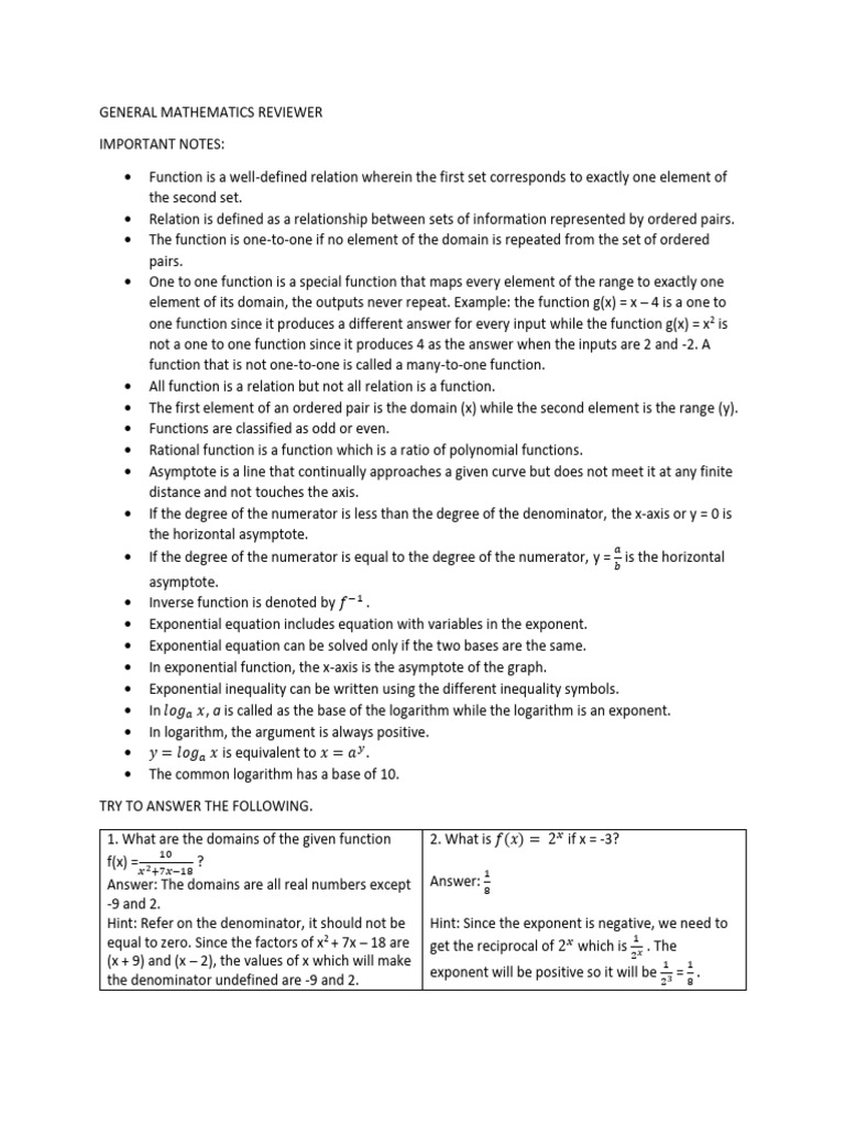 General Mathematics Reviewer | PDF | Function (Mathematics) | Exponentiation