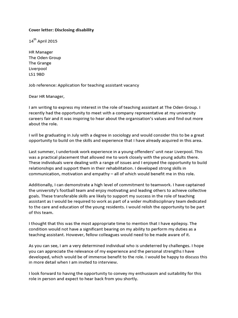 Cover Letter Disclosing Disability | PDF