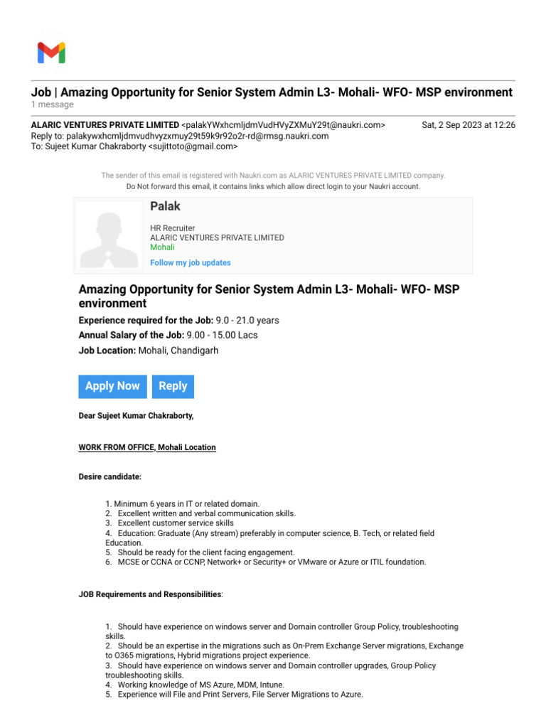 Gmail Job Amazing Opportunity For Senior System Admin L3 Mohali | PDF ...