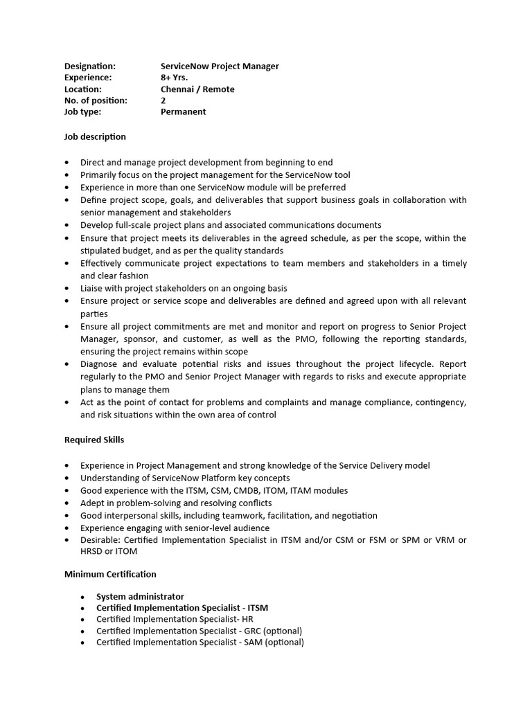 ServiceNow Project Manager - JD | PDF