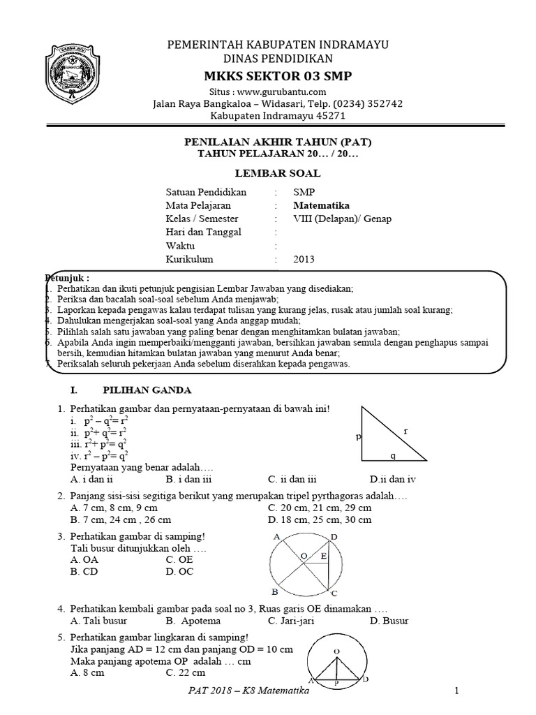 Soal PAT MTK K8 | PDF