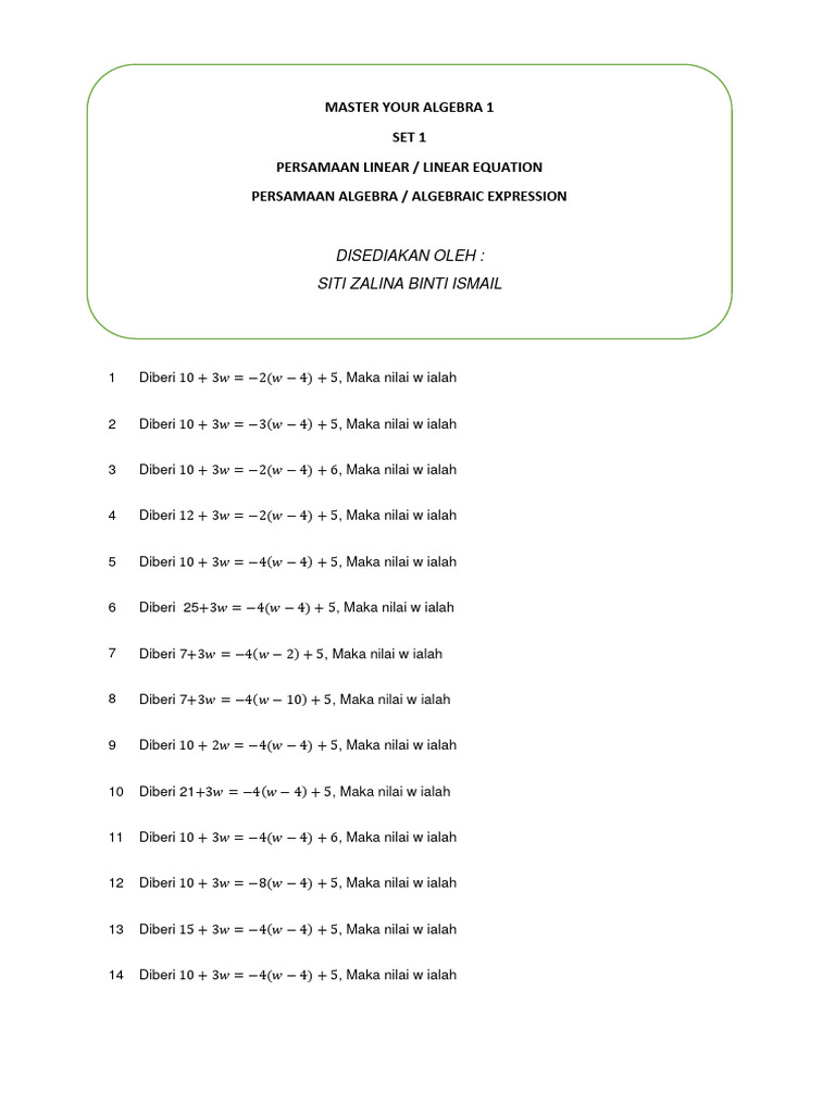 Master Your Algebra 1 Set 1 Persamaan Linear / Linear Equation ...