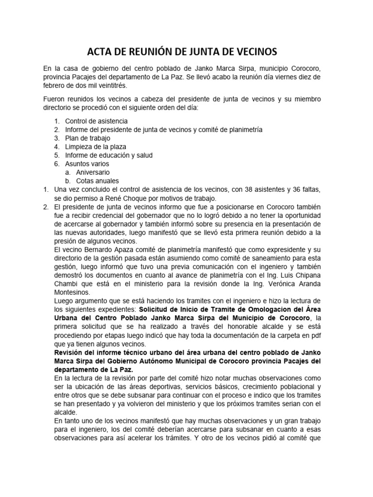 Acta de Reunión de Juta de Vecinos 1 | PDF