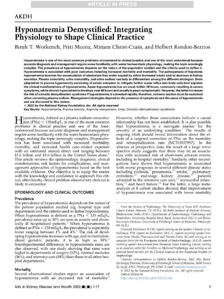 Biruh T Workeneh Hyponatremia Demystified Integrating | PDF | Cortisol ...