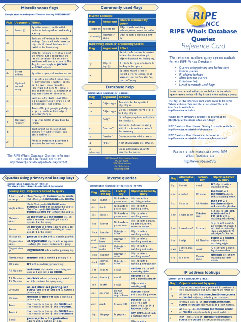 RIPE Whois Database Queries Reference Card | PDF | Cyberspace ...